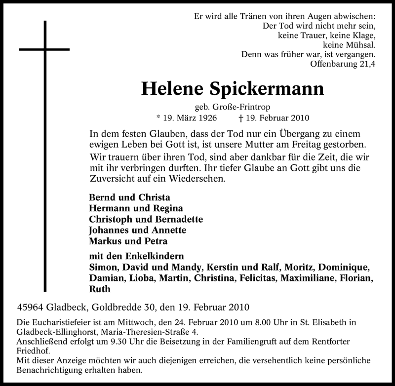 Traueranzeigen von Helene Spickermann | Trauer-in-NRW.de