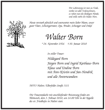 Traueranzeigen von Walter Born | Trauer-in-NRW.de