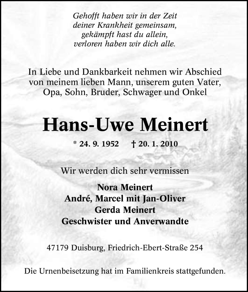 Traueranzeigen von Hans-Uwe Meinert | Trauer-in-NRW.de