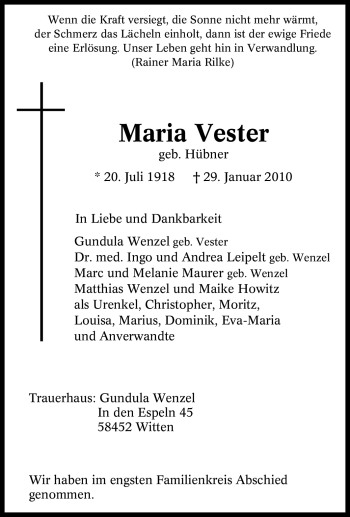 Traueranzeigen von Maria Vester | Trauer-in-NRW.de