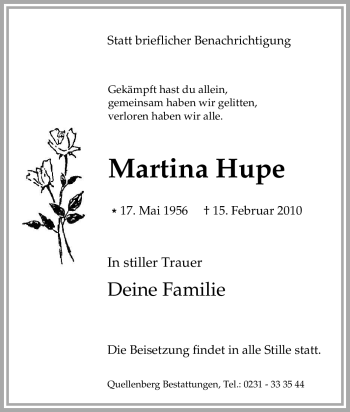 Traueranzeigen von Martina Hupe | Trauer-in-NRW.de