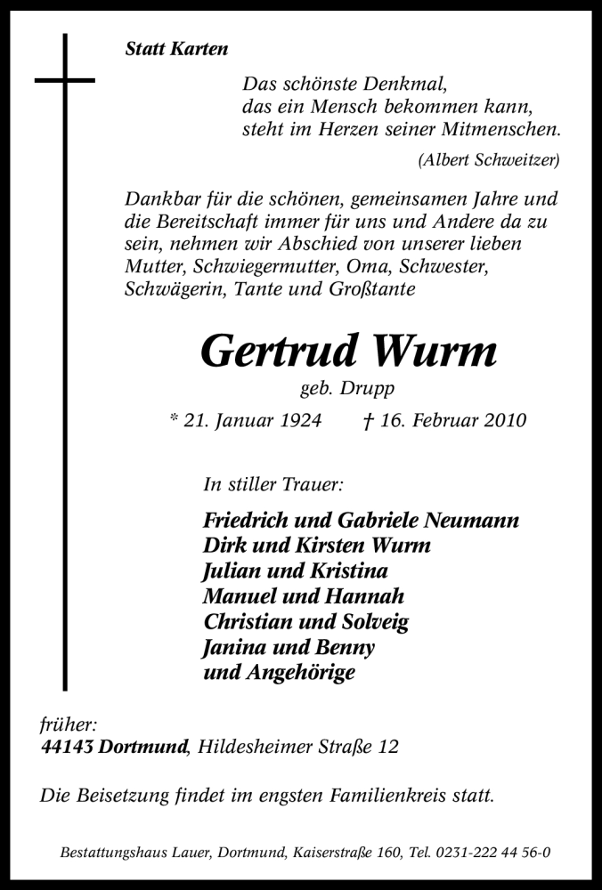 Traueranzeigen von Gertrud Wurm | Trauer-in-NRW.de