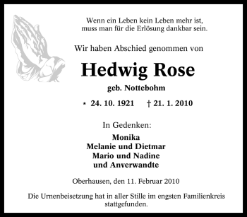 Traueranzeigen von Hedwig Rose | Trauer-in-NRW.de