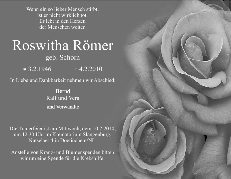Traueranzeigen von Roswitha Römer | Trauer-in-NRW.de