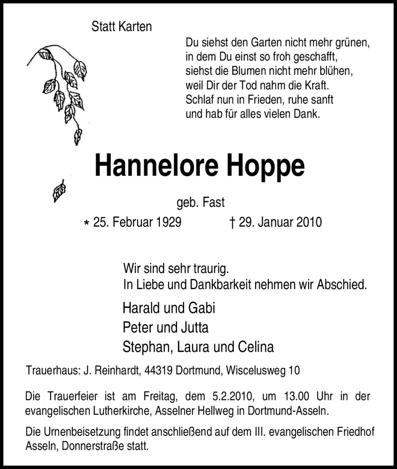 Traueranzeigen von Hannelore Hoppe | Trauer-in-NRW.de