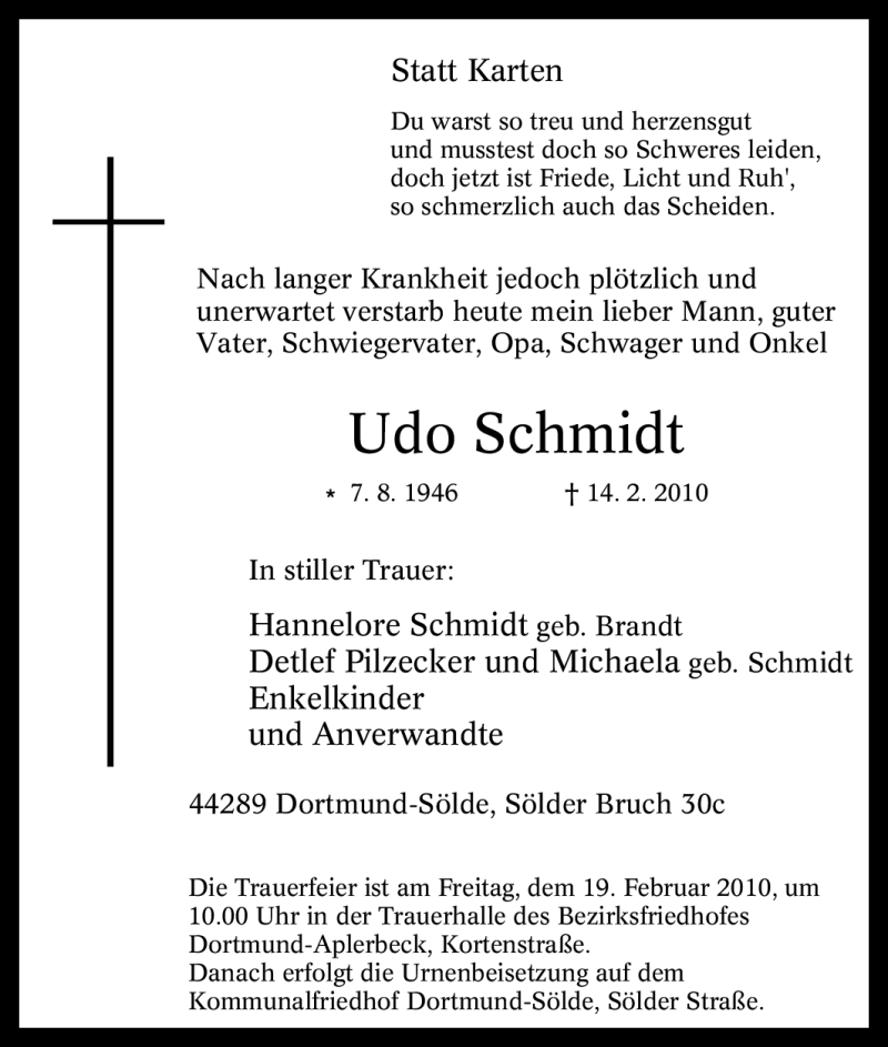 Traueranzeigen von Udo Schmidt | Trauer-in-NRW.de