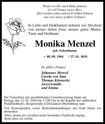 Traueranzeigen von Monika Menzel | Trauer-in-NRW.de