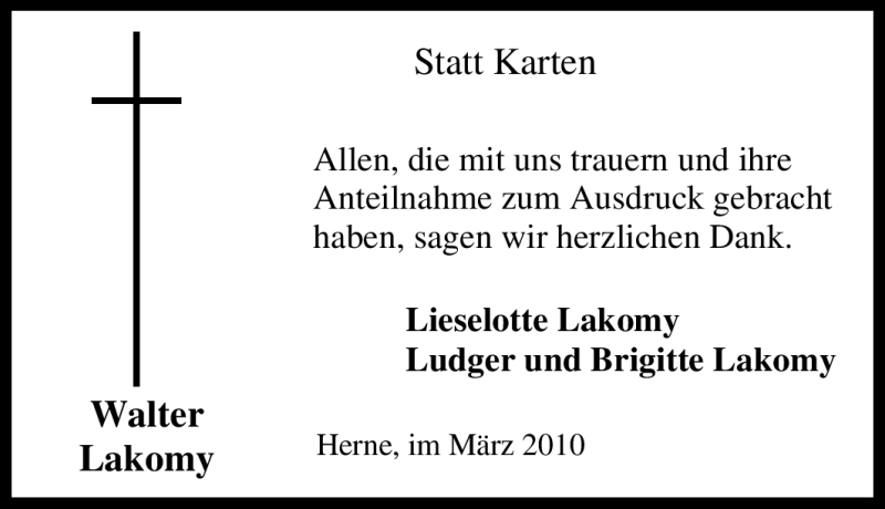 Traueranzeigen von Walter Lakomy | Trauer-in-NRW.de