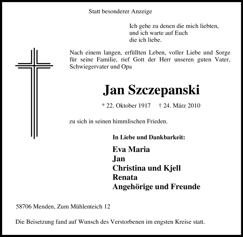 Traueranzeigen von Jan Szczepanski | Trauer-in-NRW.de