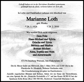 Traueranzeigen von Marianne Loth | Trauer-in-NRW.de