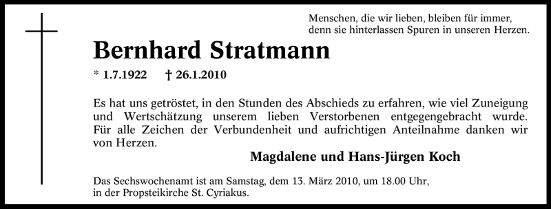 Traueranzeigen von Bernhard Stratmann | Trauer-in-NRW.de