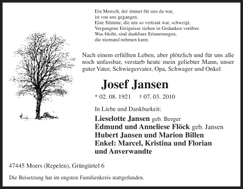 Traueranzeigen von Josef Jansen | Trauer-in-NRW.de