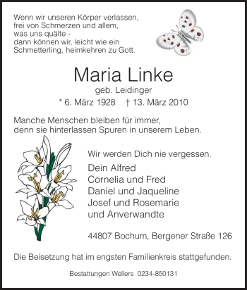 Traueranzeigen von Maria Linke | Trauer-in-NRW.de