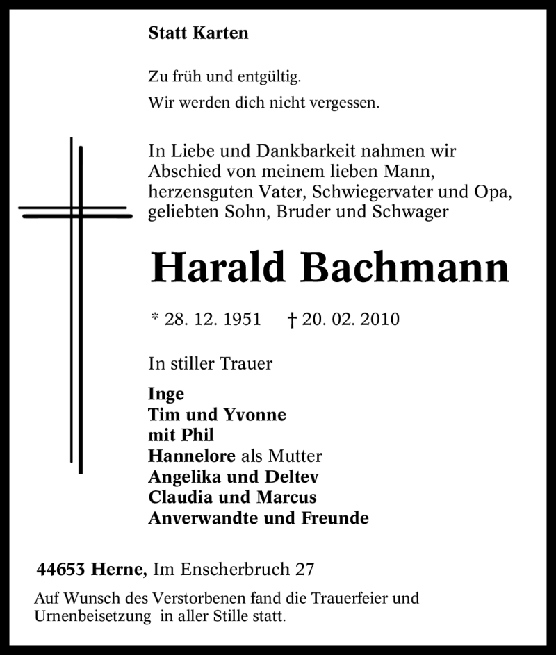 Traueranzeigen von Harald Bachmann | Trauer-in-NRW.de