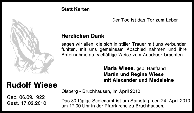 Traueranzeigen von Rudolf Wiese | Trauer-in-NRW.de