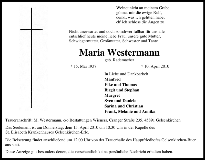 Traueranzeigen von Maria Westermann | Trauer-in-NRW.de