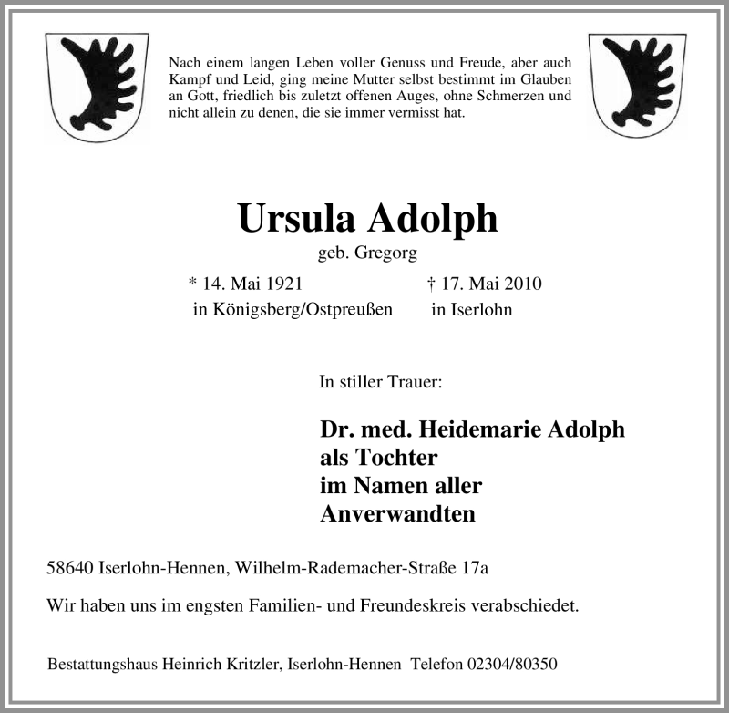 Traueranzeigen von Ursula Adolph | Trauer-in-NRW.de