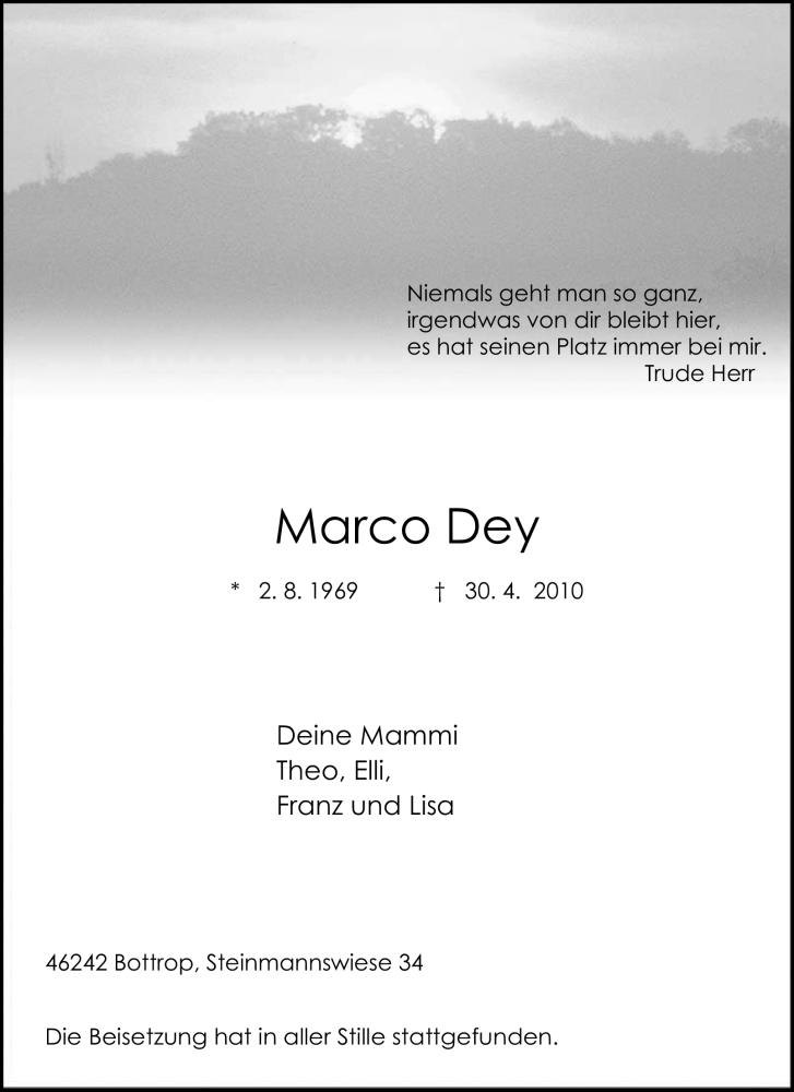 Traueranzeigen von Marco Dey | Trauer-in-NRW.de
