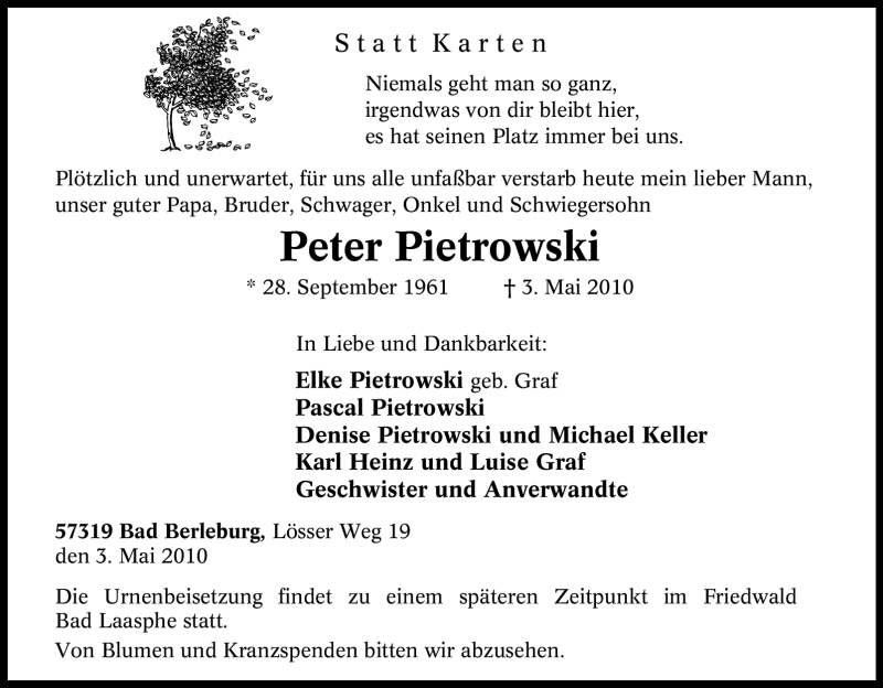 Traueranzeigen von Peter Pietrowski | Trauer-in-NRW.de