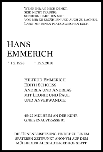 Traueranzeigen von Hans Emmerich | Trauer-in-NRW.de