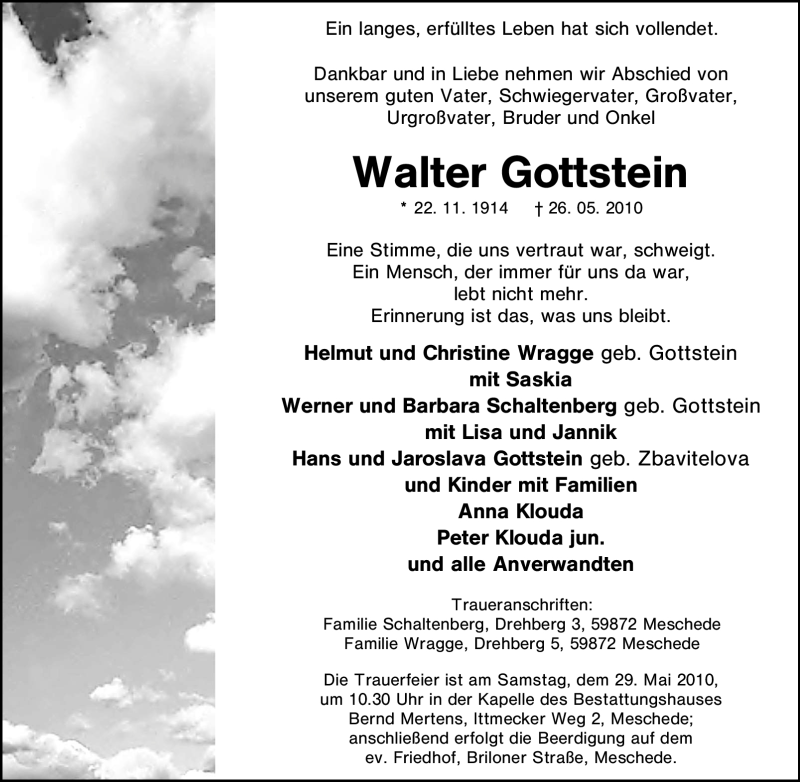Traueranzeigen von Walter Gottstein | Trauer-in-NRW.de