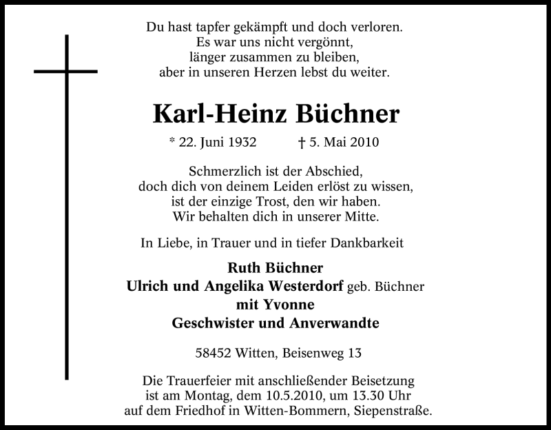 Traueranzeigen von Karl-Heinz Büchner | Trauer-in-NRW.de