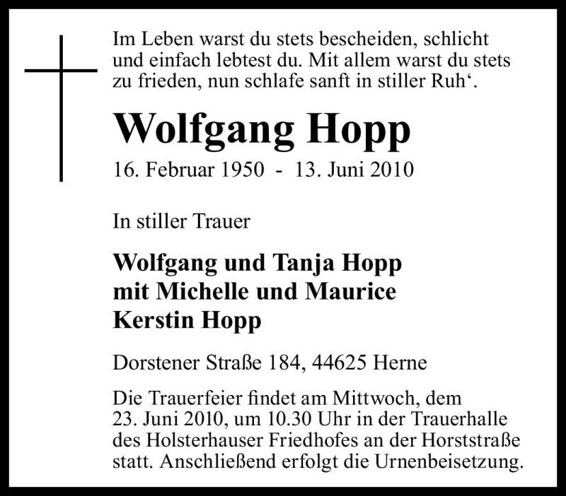 Traueranzeigen von Wolfgang Hopp | Trauer-in-NRW.de