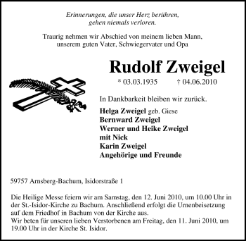 Traueranzeigen von Rudolf Zweigel | Trauer-in-NRW.de