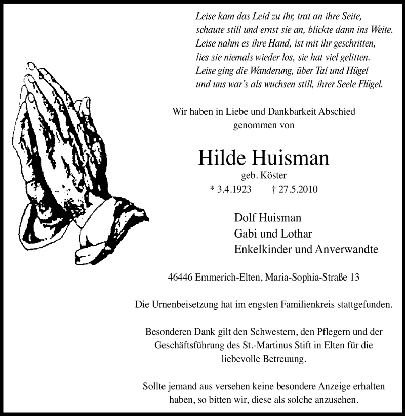 Traueranzeigen von Hilde Huisman | Trauer-in-NRW.de