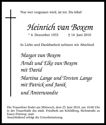 Traueranzeigen von Heinrich van Boxem | Trauer-in-NRW.de