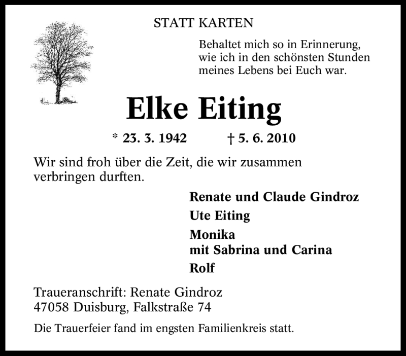 Traueranzeigen von Elke Eiting | Trauer-in-NRW.de