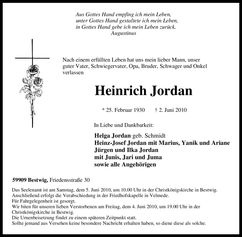 Traueranzeigen von Heinrich Jordan | Trauer-in-NRW.de