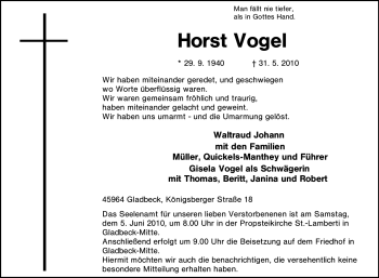 Traueranzeigen von Horst Vogel | Trauer-in-NRW.de