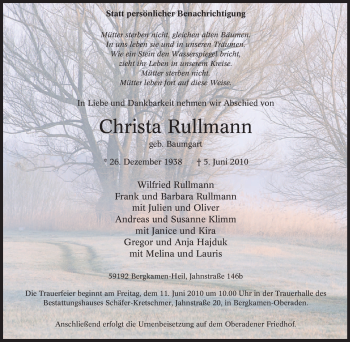 Traueranzeigen von Christa Rullmann | Trauer-in-NRW.de