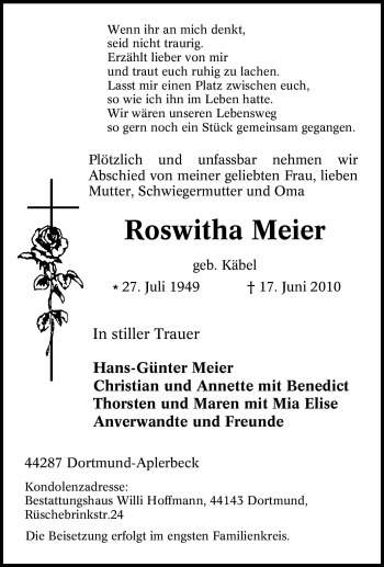 Traueranzeigen von Roswitha Meier | Trauer-in-NRW.de