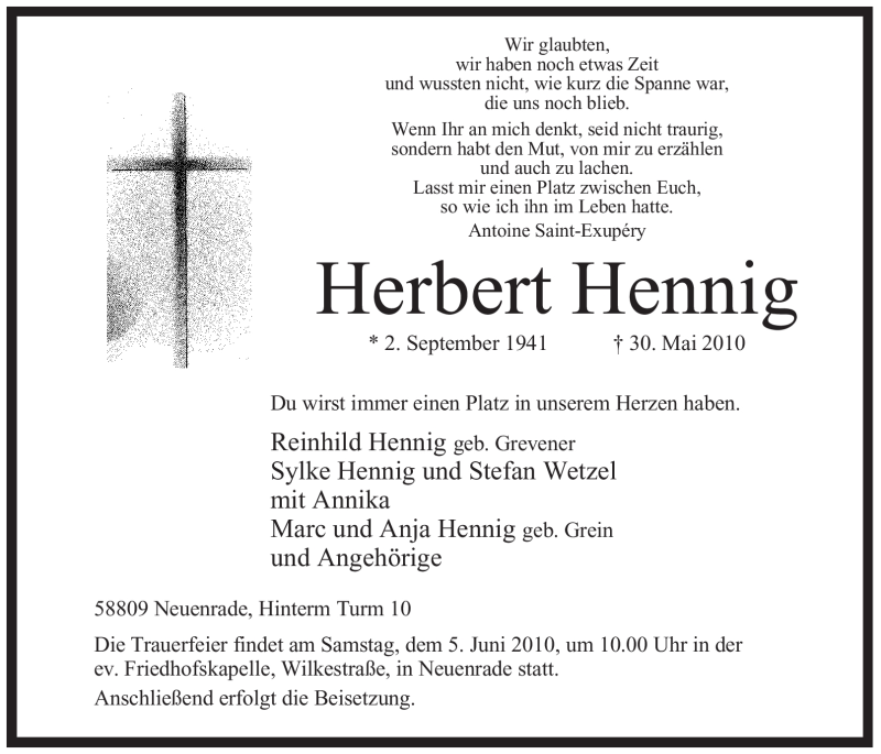 Traueranzeigen von Herbert Hennig | Trauer-in-NRW.de