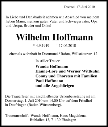 Traueranzeigen von Wilhelm Hoffmann | Trauer-in-NRW.de