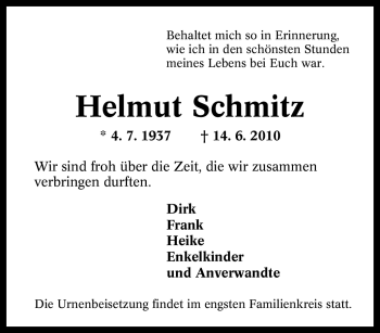 Traueranzeigen von Helmut Schmitz | Trauer-in-NRW.de