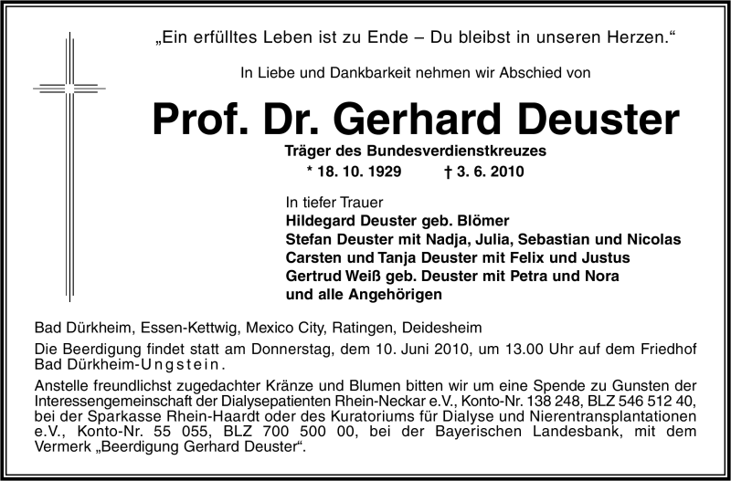 Traueranzeigen von Gerhard Deuster | Trauer-in-NRW.de