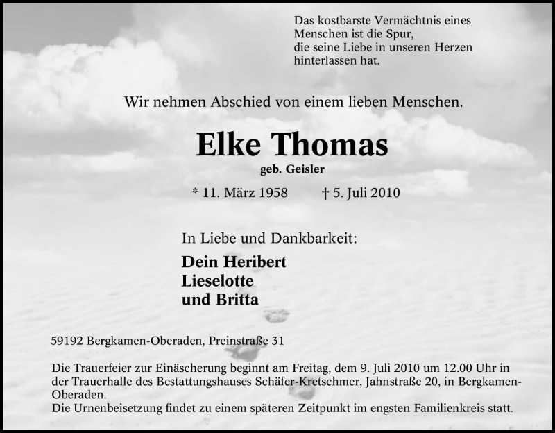Traueranzeigen von Elke Thomas | Trauer-in-NRW.de