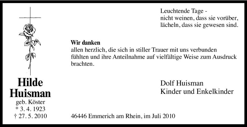 Traueranzeigen von Hilde Huisman | Trauer-in-NRW.de