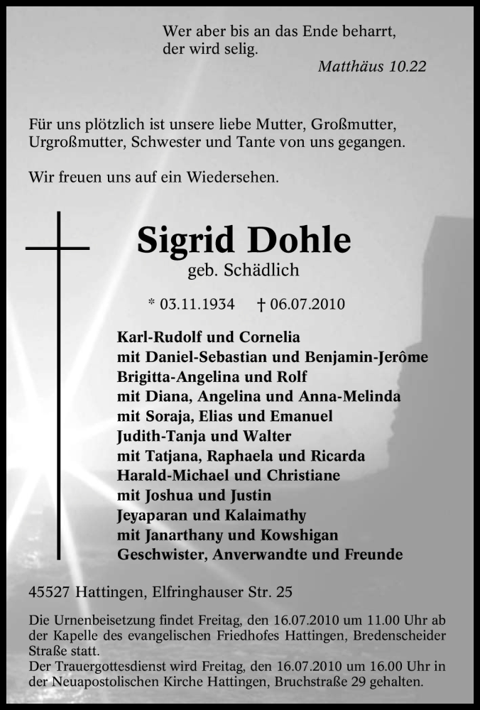 Traueranzeigen von Sigrid Dohle | Trauer-in-NRW.de