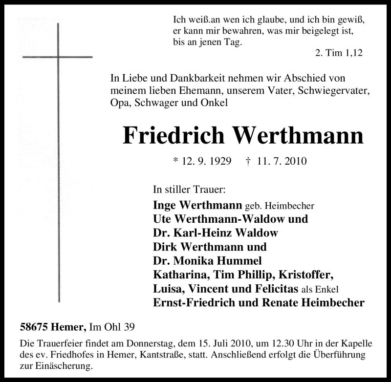 Traueranzeigen von Friedrich Werthmann | Trauer-in-NRW.de