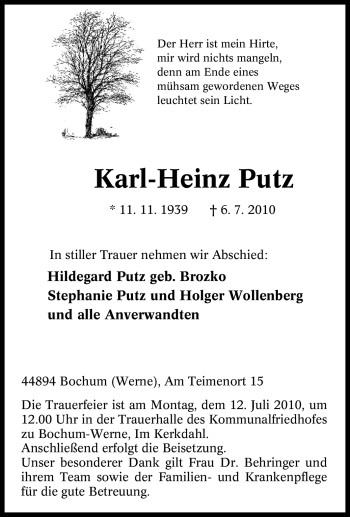 Traueranzeigen von Karl-Heinz Putz | Trauer-in-NRW.de