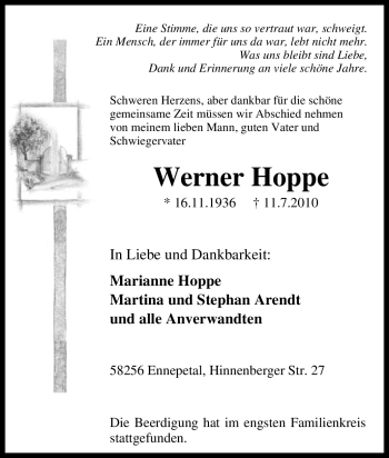 Traueranzeigen von Werner Hoppe | Trauer-in-NRW.de