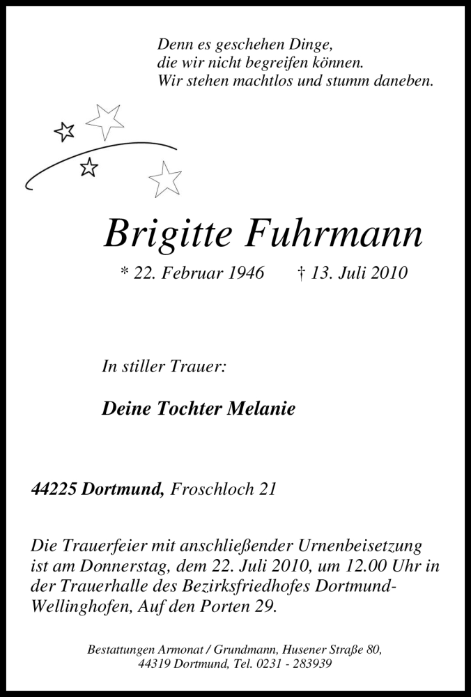 Traueranzeigen von Brigitte Fuhrmann | Trauer-in-NRW.de