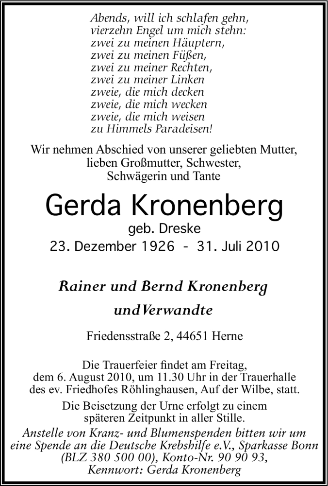 Traueranzeigen von Gerda Kronenberg | Trauer-in-NRW.de