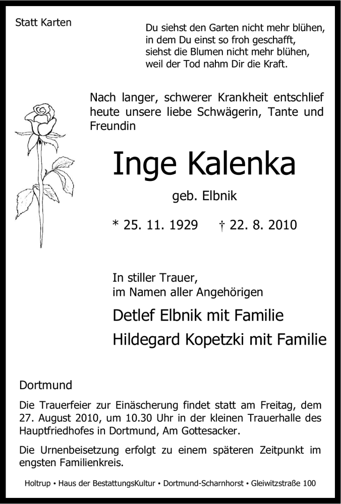 Traueranzeigen von Inge Kalenka | Trauer-in-NRW.de