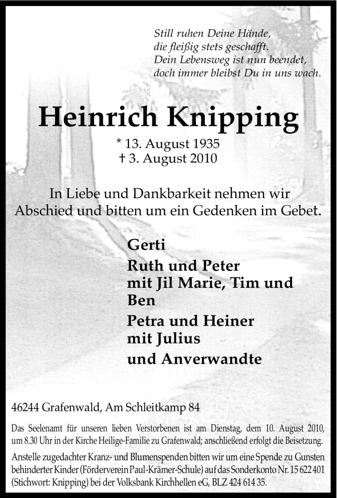 Traueranzeigen von Heinrich Knipping | Trauer-in-NRW.de