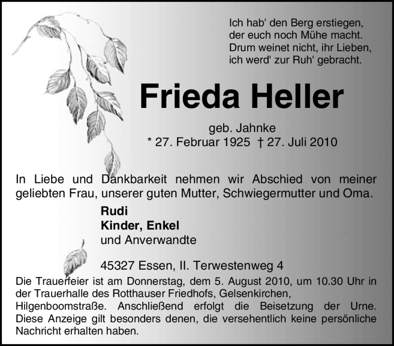 Traueranzeigen von Frieda Heller | Trauer-in-NRW.de